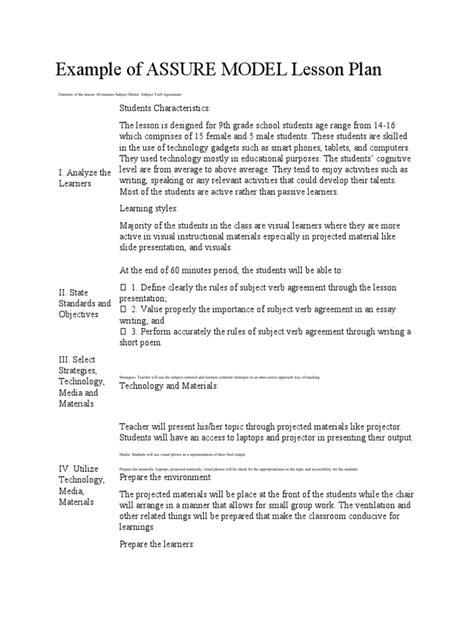 Example Of Assure Model Lesson Plan Pdf Educational Assessment