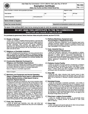 Utah Sales Tax Exemption Certificate Tc 721 Blank Fillable Template