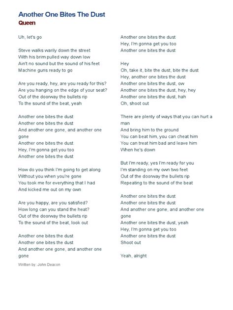 Another One Bites The Dust Queen Lyrics Pdf