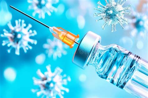 A Close Up Of A Needle And A Vaccine Vial With Virus Particles In The