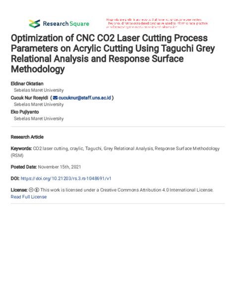Pdf Optimization Of Cnc Co2 Laser Cutting Process Parameters On