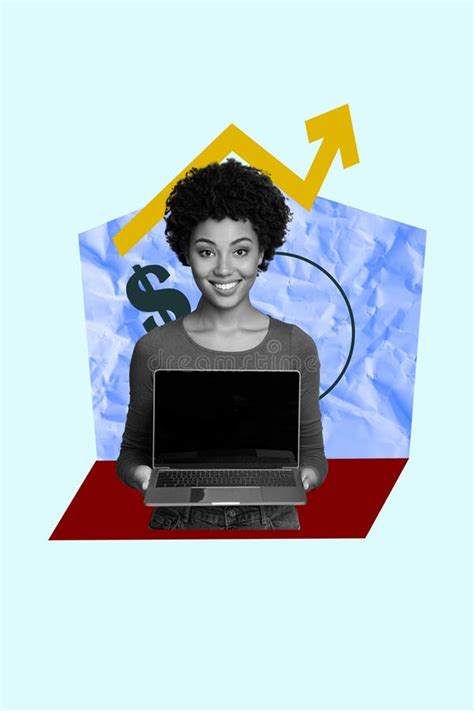 Vertical Sketch 3d Collage Poster Of Happy Freelancer Businesswoman Hold Laptop Arrow