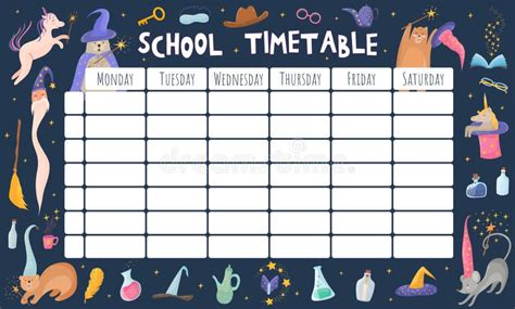 School Timetable With Cute Cartoon Fairytale Characters Stock Vector