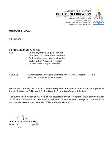 Announcement Of Outline Examination Of Mr Ian Christopher C Nala Phd Ed Mathematics