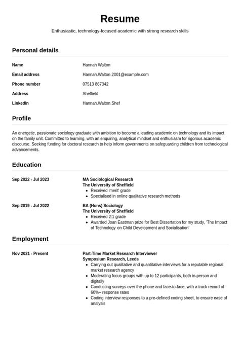 Graduate Student Cv Example Cvwizard