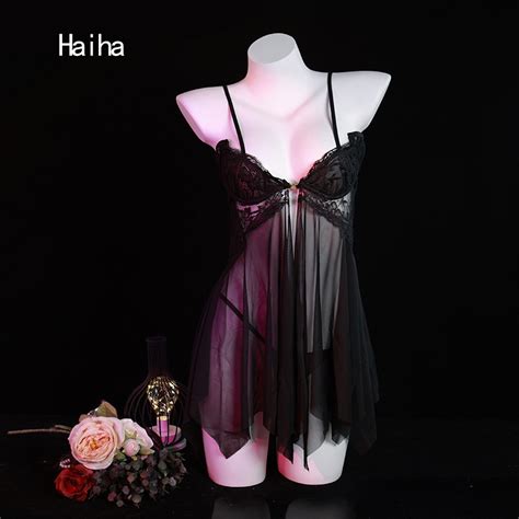 Haiha Sexy Lingerie Sleepwear Set For Sex Black Lace Pajamas Sex Dress For Woman Slip Nightgown