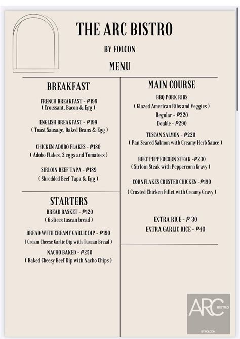 Menu At Thearcbistro By Folcon Cafe San Pablo City