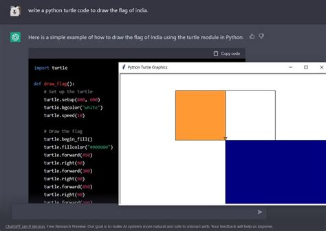 asked chatgpt to draw the flag of india on python turtle r