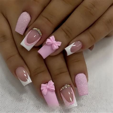 Pink Press On Nails Simple Nails Bow Nail Designs Stylish Nails