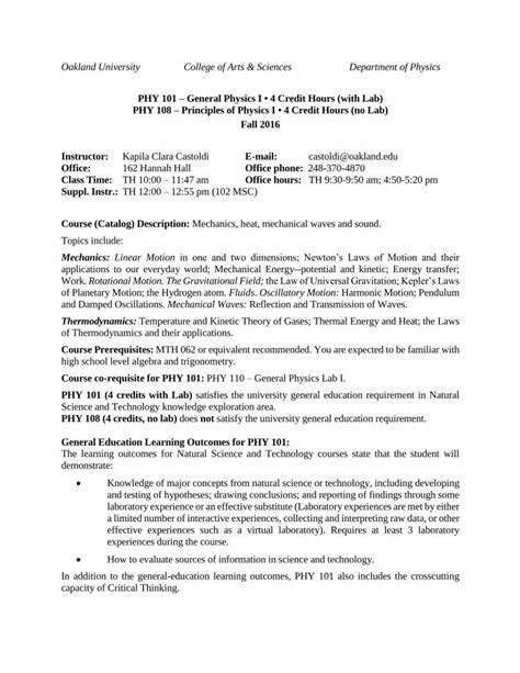 Pdf Phy 101 General Physics I 4 Credit Hours With Lab Phy 108