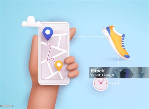경로와 함께 표시 트랙과 휴대 전화 응용 프로그램을 들고 손 벡터 피트니스 경로 추적 개념 그림입니다 3d 벡터 일러스트레이션 3차원 형태에 대한 스톡 벡터 아트 및 기타
