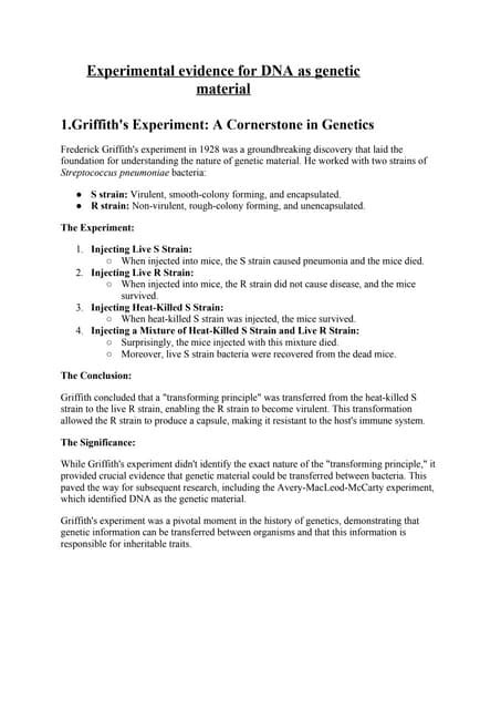 Experimental Evidence For Dna As Genetic Materialdocx