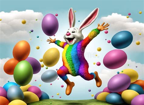 Cute Smiling Easter Bunny Playing With Colorful Easter Eggs Ai
