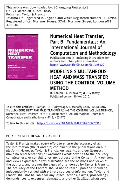 Pdf Modeling Simultaneous Heat And Mass Transfer Using The Control