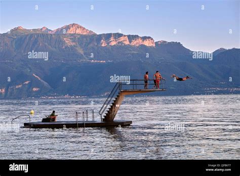 Switzerland Canton Of Vaud Lutry The Diving Board Of The Beach On