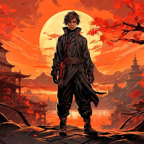 Young Man Ninja Anime Boy Full Body With China Monument Background