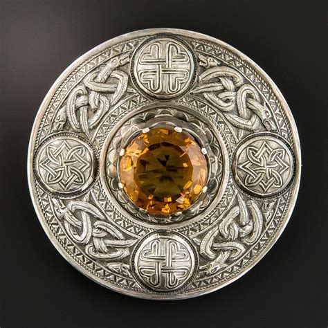 Large Scottish Citrine Celtic Knot Pin Antique Silver Jewelry Celtic