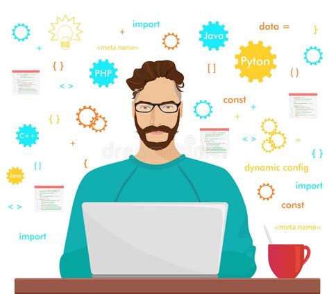 O Programador Do Homem Está Trabalhando Em Seu Portátil Codificação E Programação Ilustração Do