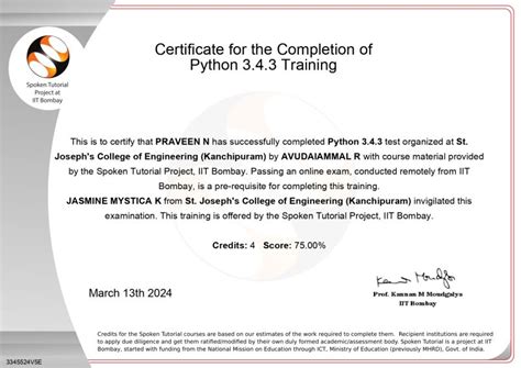Certified From Spoken Tutorial Iit Bombay For Passing The Python3 Test😌👍 Praveen N