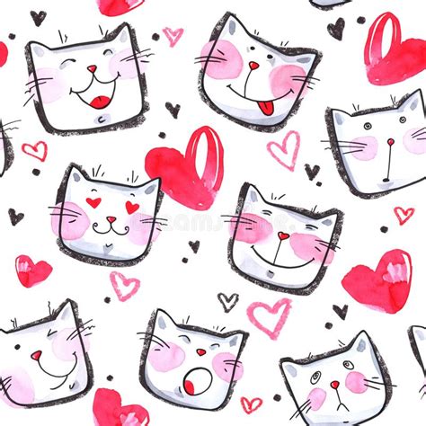 Hand Painted Seamless Pattern With Cute Kittens Watercolor Bright