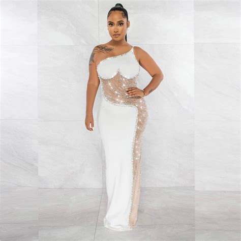Rhinestone One Shoulder Mesh Maxi Dresses Viho Shop