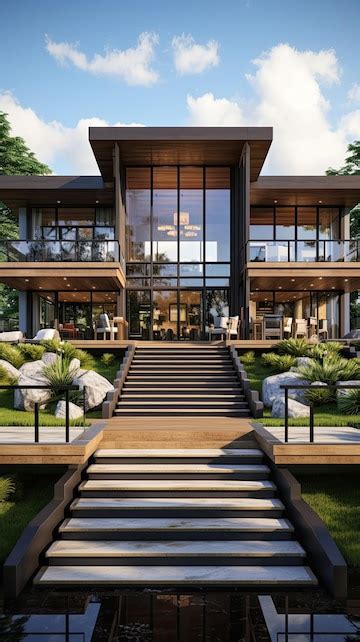 A Modern House With Wooden Cladding And Greenery On The Roof Set