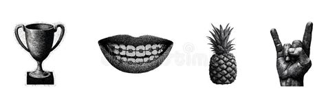 Vintage Trophy Smile Pineapple And Hand Gesture Set Retro Symbolic Elements Collection