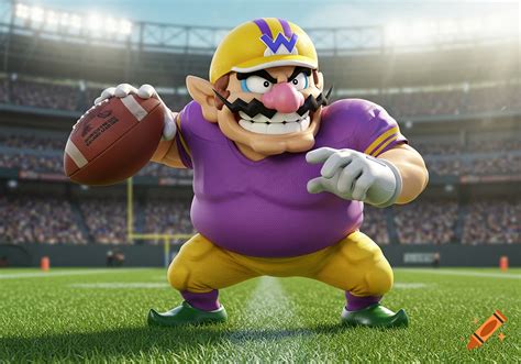 Wario Wearing Purple And Yellow Football Gear Poses With A Football