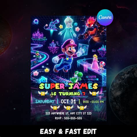 Mario Galaxy Birthday Invitation Editable Gamer Theme Outer Space Par