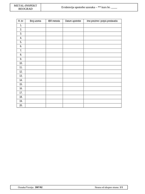 Obrazac Tc 07 Evidencija Upotrebe Uzoraka Pdf