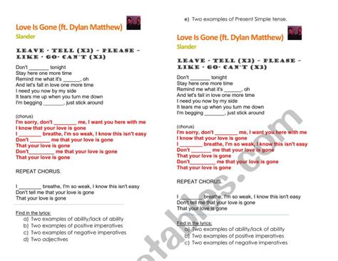 Song Love Is Gone Esl Worksheet By Riddle Janet