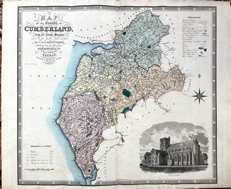 Cumberland County Map Original 1834 Counties Of England Atlas Cumbria Carlisle Barrow In