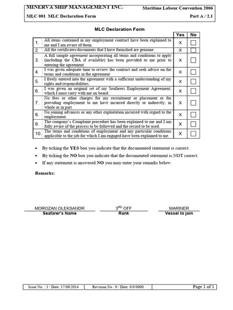 Mlc Declaration Form 1 Pdf Contractual Term Justice