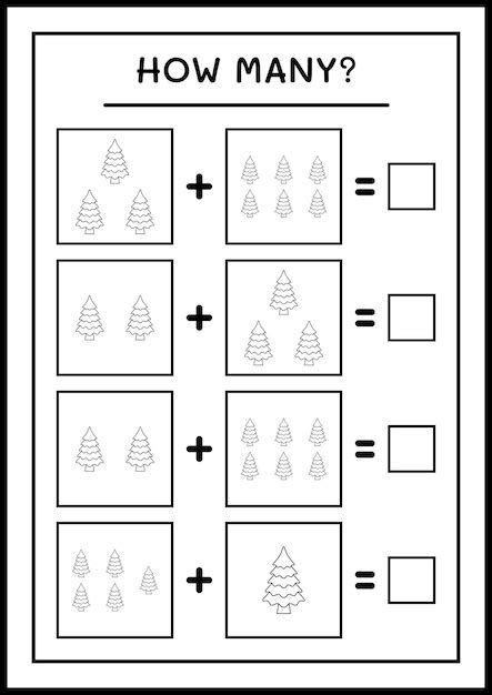 얼마나 많은 크리스마스 트리 어린이용 게임 벡터 일러스트 레이 션 인쇄용 워크시트 프리미엄 벡터