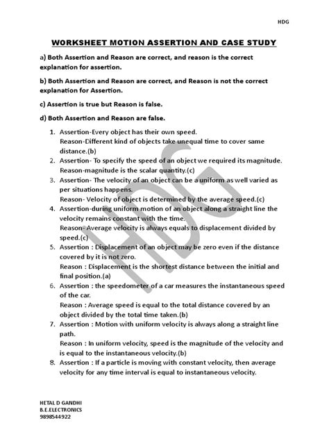 Worksheet Motion Assertion And Case Study Pdf Velocity Speed