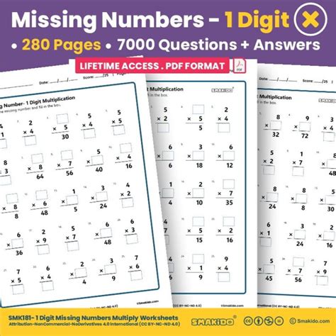 Printable Missing Number Math Worksheets 1 Digit Multiplication