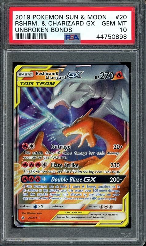 Psa 10 Gem Mint Reshiram And Charizard Gx 20214 Full Art Unbroken Bonds