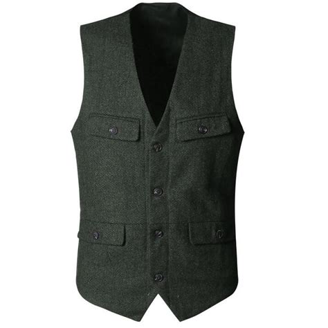 2021 Dark Green Groom Vests Country Wedding Wool Tweed Vest Slim Fit Mens Suit Vest Dress Coat