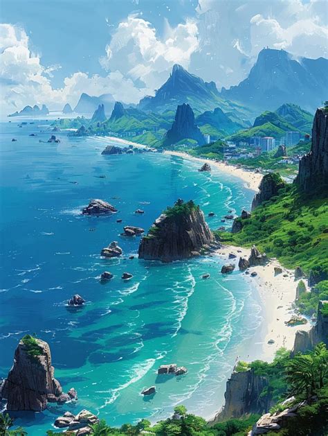 一幅壮丽的海滩景象。宽广的海岸线被湛蓝的海水拥抱，海面上点缀着几块礁石。海滩上有许多人在享受阳光和海水，背景中是连绵的山脉，一直延伸到天际。在