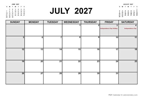 July 2027 Calendar With Holidays Calendarlabs