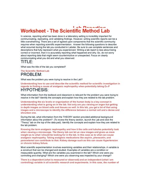 Scientific Method Lab Report Lab Reporting Worksheet The Scientific