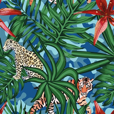 Tiger Leopard Tropical Leaves Lily Seamless Camo Background Stock