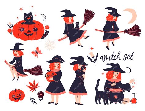 Premium Vector Set Of Cute Witches Isolated On White Background