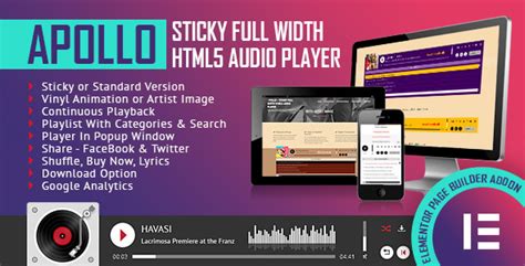 apollo sticky full width html5 audio player elementor widget addon