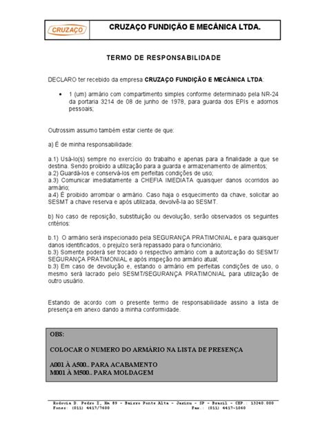 Termo De Responsabilidade Simples 1 Pdf