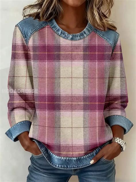 Kvinnors Vintage Plaid Mönster Denim Patchwork Sweatshirt Modadresse