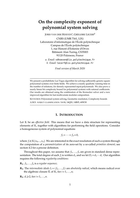 Pdf On The Complexity Exponent Of Polynomial System Solving
