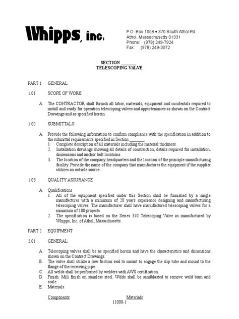 Telescoping Valve Specification Pdf Valve Pipe Fluid Conveyance