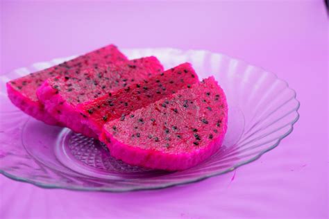 Dragon Fruit Slices On A Clear Glass Plate Dragon Fruit Slices