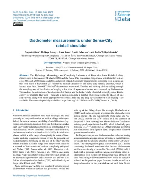 Pdf Disdrometer Measurements Under Sense City Rainfall Simulator